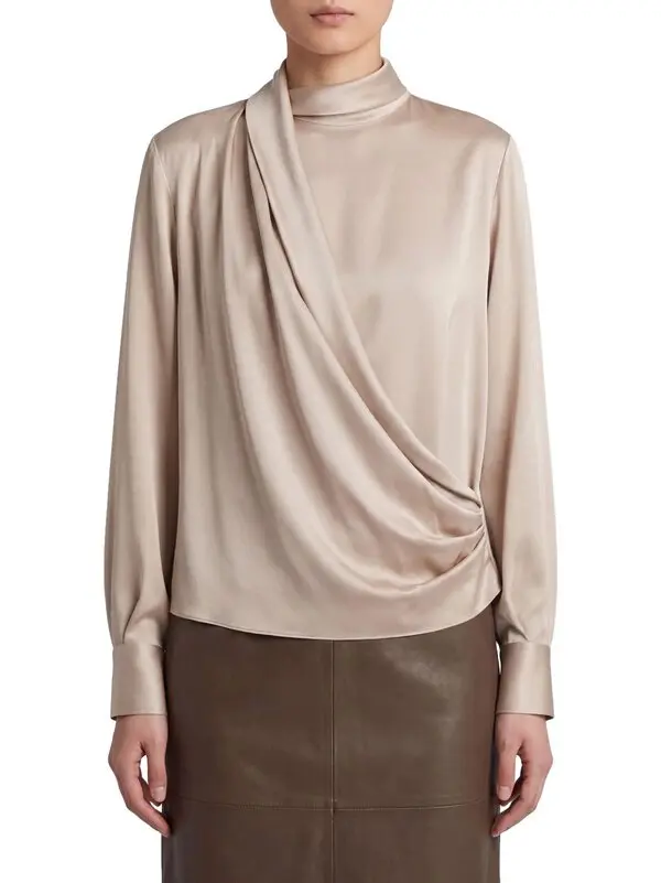 Brunello Cucinelli Long-sleeved Draped Silk Blouse - Beige