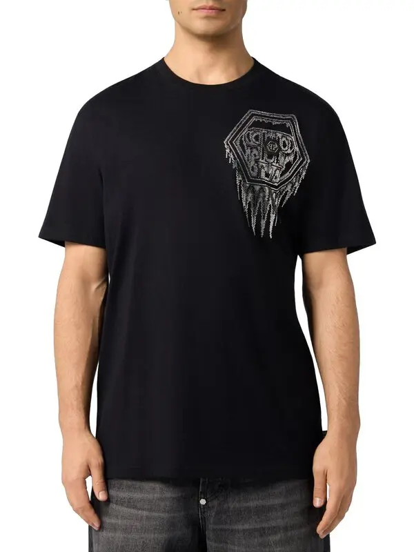 Philipp Plein Cotton T-shirt With Rhinestone-embellished Embroidered Hexagon Logo - Black