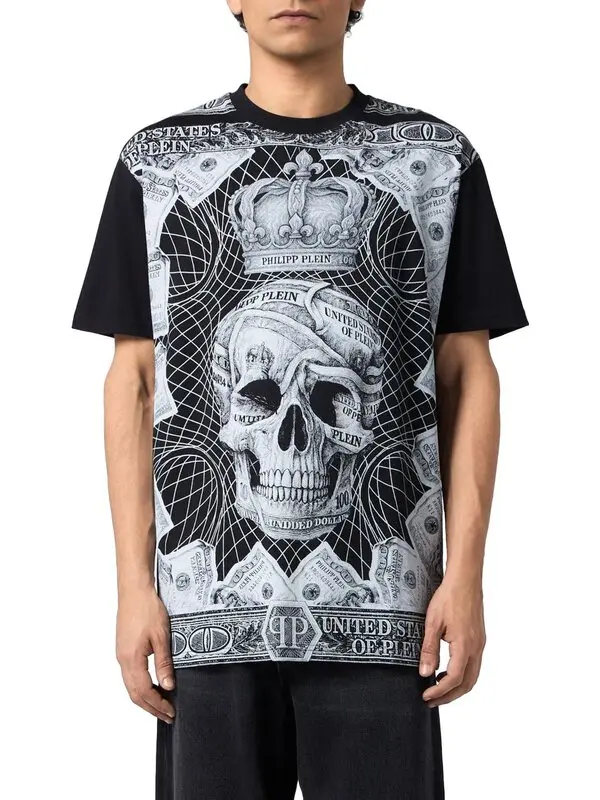 Philipp Plein Crew-neck Cotton T-shirt With Front Skull Graphic Print - Black