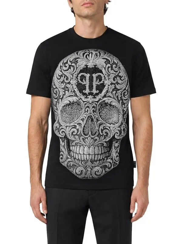 Philipp Plein Cotton T-shirt With Skull Print And Rhinestone Application - Black