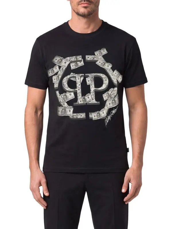 Philipp Plein Cotton T-shirt With Graphic Print And Contrast Logo - Black