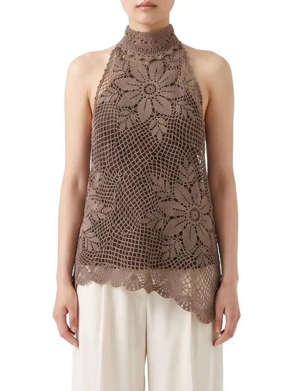 Magda Butrym Crochet Cotton Halterneck Top With A Turtleneck Design - Brown