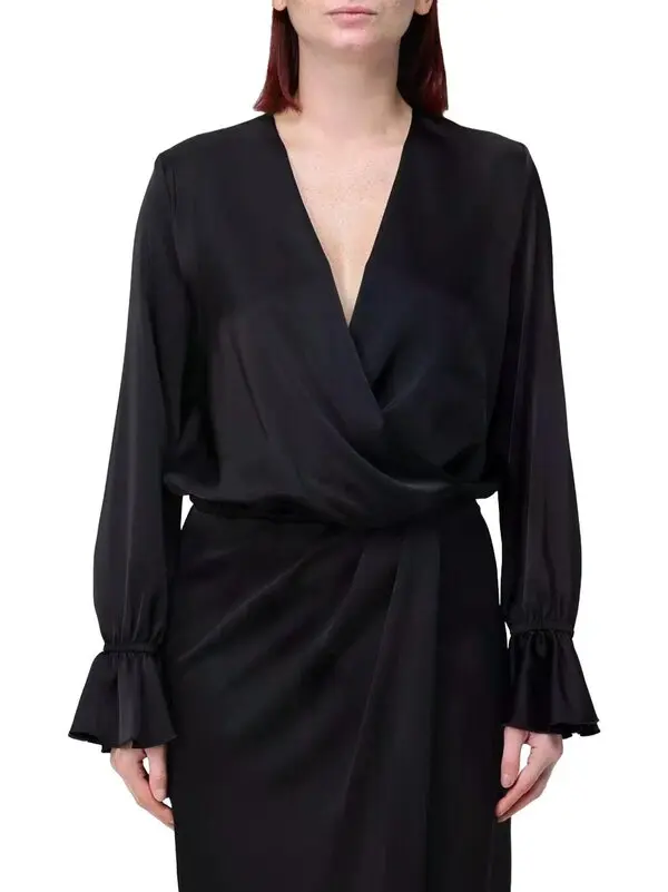 HANITA Wrap-style Ruffled-cuff Blouse - Black