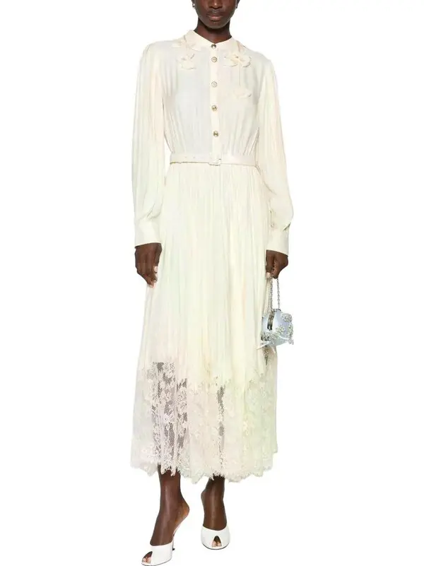 SELF-PORTRAIT Floral-embellished Pleated Lace-trim Midi Dress - Neutrals