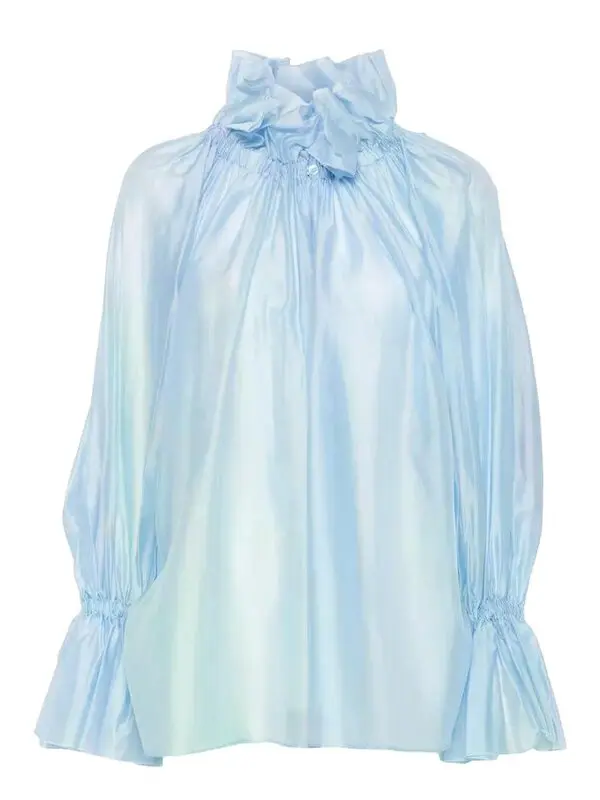 THELATEST Ruffled-neck Blouson-sleeve Shirt - Blue
