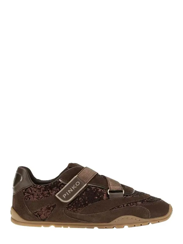 Pinko Suede Mary Jane Sneakers With Sequins And Velcro Strap - Dark
