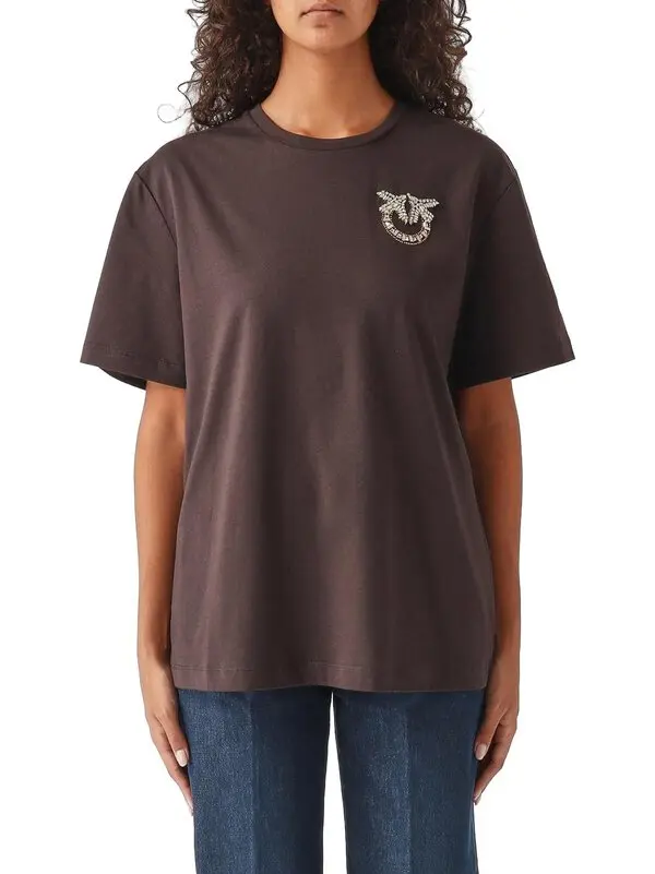Pinko Cotton Crewneck T-shirt With Rhinestone Love Birds Logo - Dark