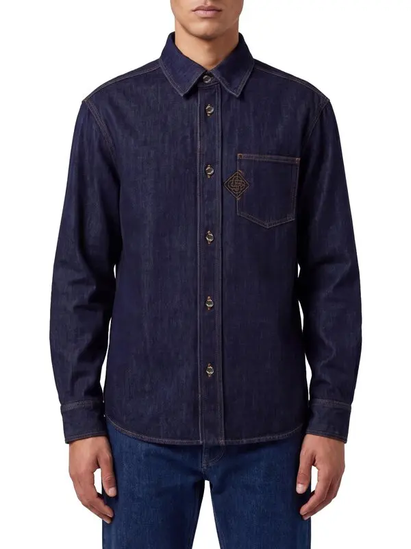 Casablanca Cotton Denim Shirt With Patch Pockets And French Collar - Blue