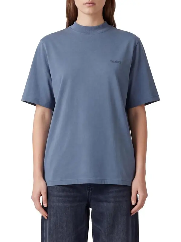 Attico Cotton Crewneck T-shirt With Dropped Shoulders And Tone-on-tone Logo - Blue