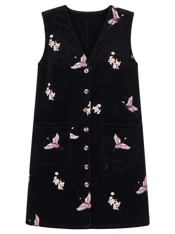 YUMI Crane Embroidery Button Up Pinafore Dress - Black
