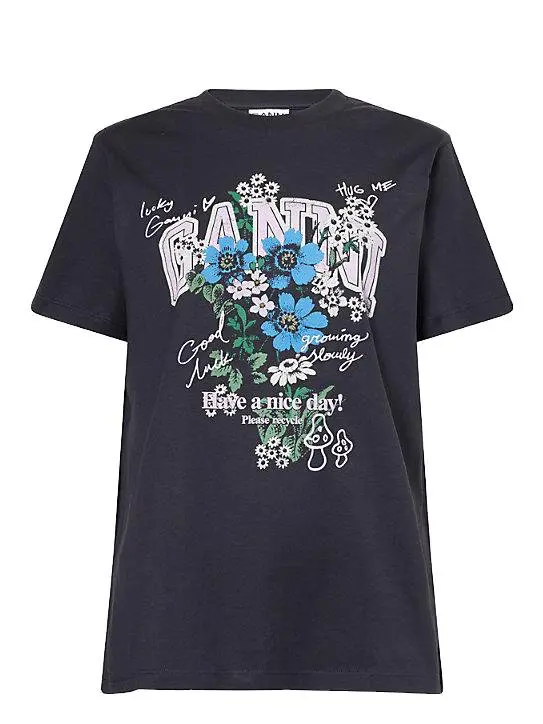 GANNI Floral-print Cotton T-shirt - Phantom