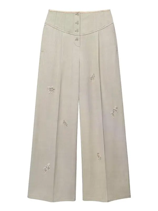Shanghai Tang Embroidered Button-fastening Flared Trousers - Grey