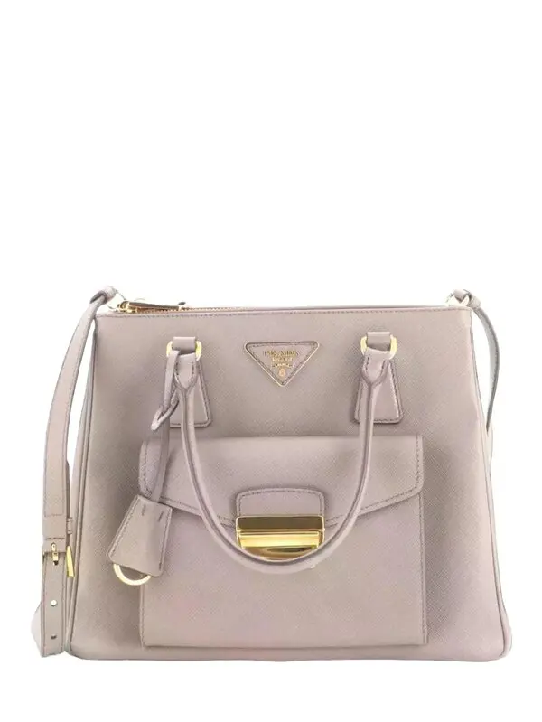 Prada Front Pocket Double Zip Lux Saffiano Leather Small Tote Bag - Grey
