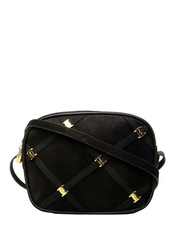 FERRAGAMO 2000-2026 Studded Suede Vara Crossbody Bag - Black