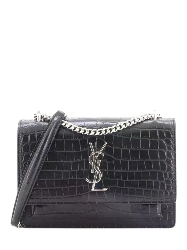 Saint Laurent Sunset Chain Wallet Crocodile Embossed Leather Crossbody Bag - Black