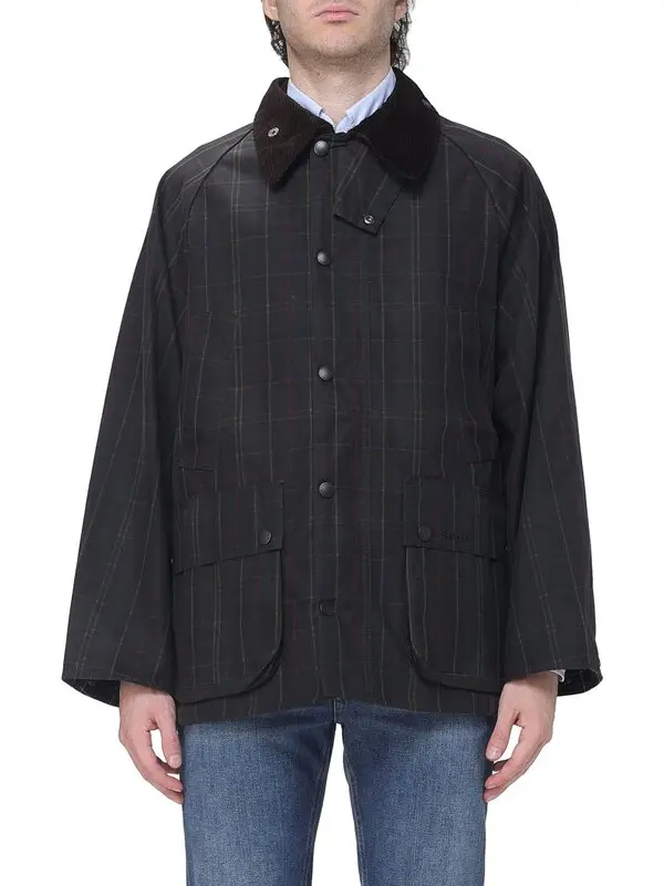 Barbour Bedale Waxed Cotton Jacket With Velvet Collar And Tartan Pattern - Green