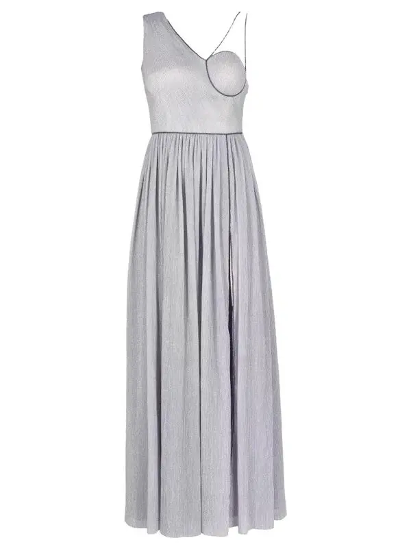 Vintage One-shoulder Pleated Maxi Dress - Silver