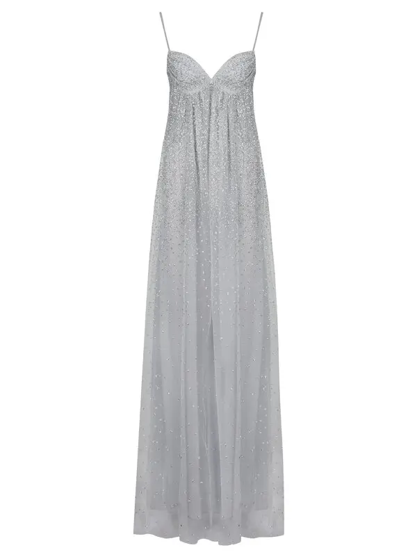 MISS CIRCLE NEW YORK Wallie Rhinestone Embellished Mesh Backless Gown - Silver