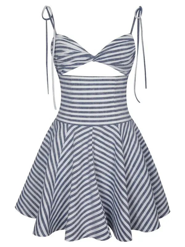 MISS CIRCLE NEW YORK Vinaya Navy & White Striped Linen Flared Mini Dress - Blue