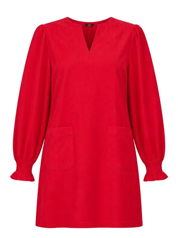 YUMI Cord Tunic With Ruched Sleeve - Red