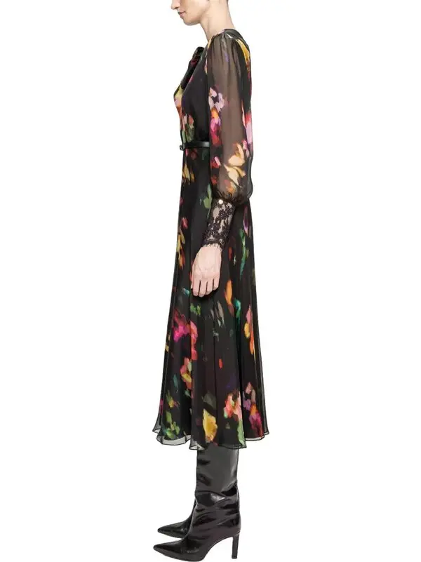 NISSA Floral Silk Bow Midi Dress - Black