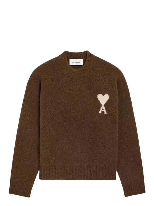 AMI Paris Crewneck Alpaca Sweater With De Coeur - Brown