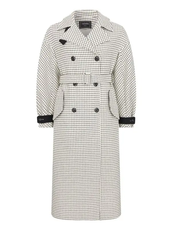 TRIONA Black Windowpane Kate Merino Lambswool Trench Coat - White