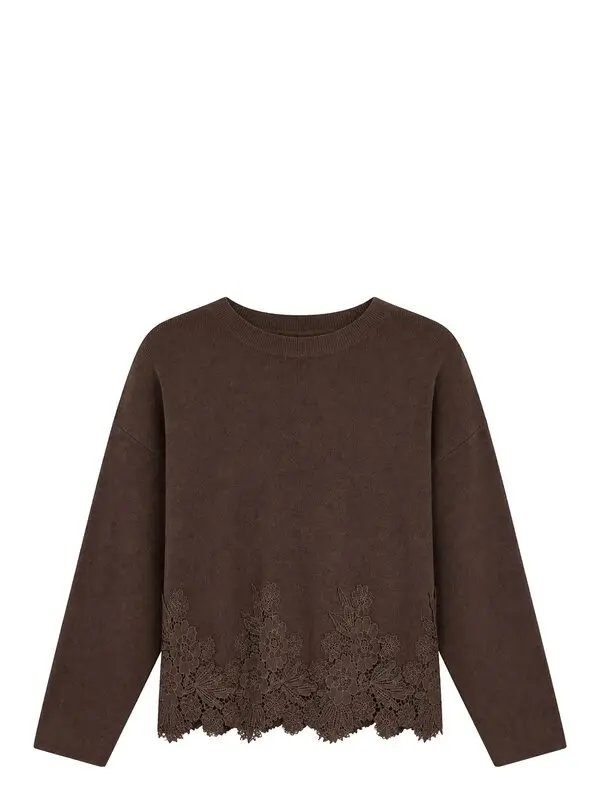YUMI Viscose Relaxed Jumper With Lace Trim - Brown