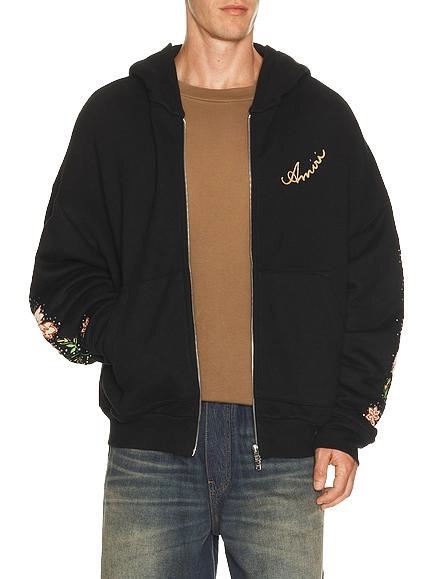 Amiri Floral Sleeve Os Zipped Hoodie - Black