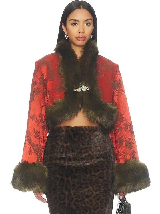 KIM SHUI Moon Silk Brocade Cropped Jacket In . Also - Red