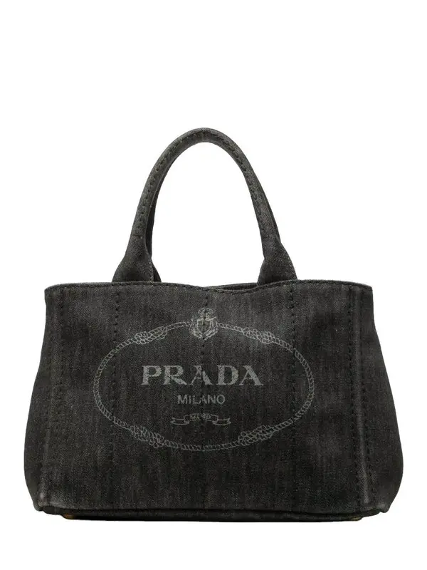 Prada 2013-2026 Small Denim Canapa Logo Tote Satchel - Grey