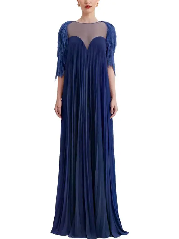 GEMY MAALOUF Feather-trim Pleated Dress - Blue