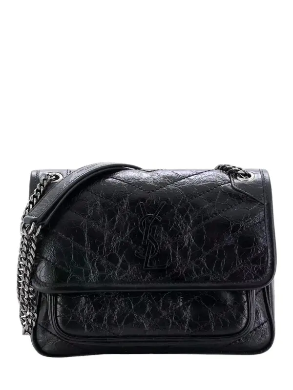 Saint Laurent Niki Chain Flap Bag Matelasse Chevron Leather Baby Shoulder Bag - Black