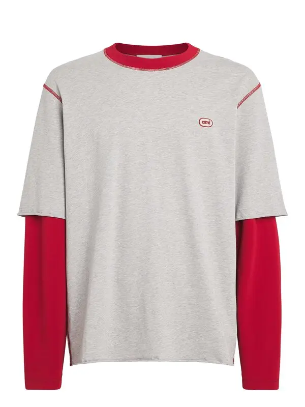 AMI Paris Cotton Double-sleeve Logo T-shirt - Grey