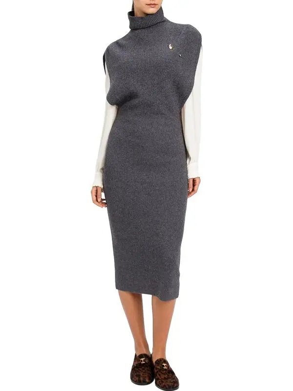 TWINSET Sleeveless Wool And Cotton Knit Midi Sheath Dress - Grey