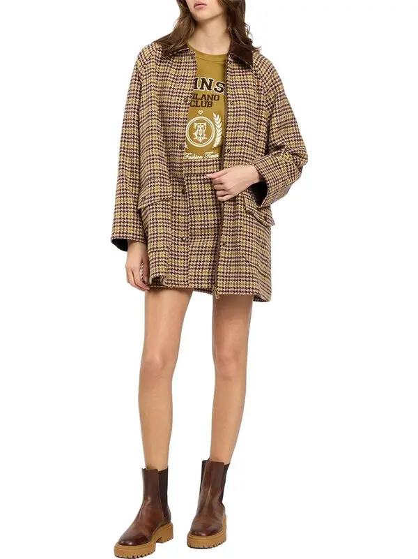 TWINSET Single-breasted Short Houndstooth Wool Blend Coat With Velvet Collar - Multicolor