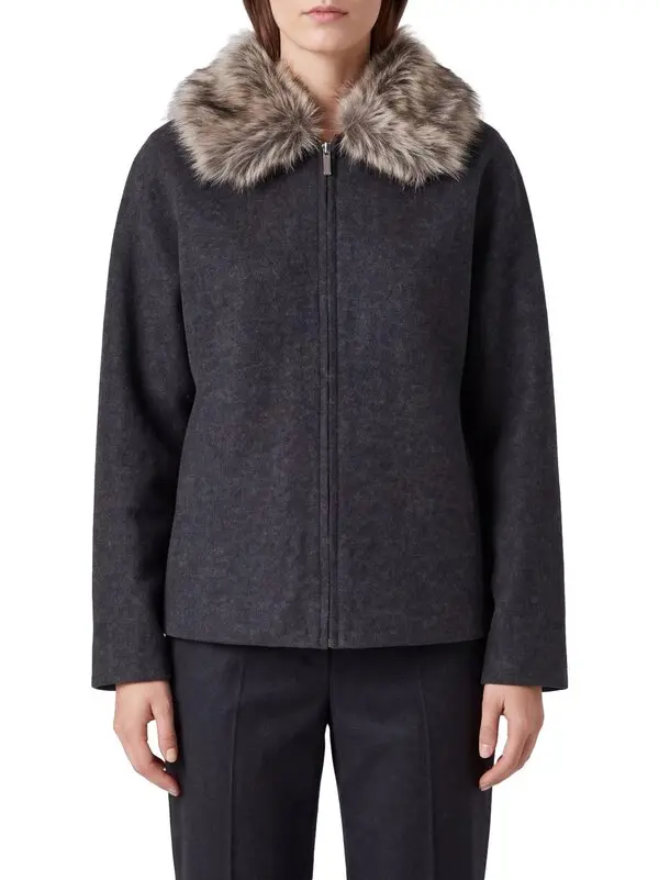 SEMICOUTURE Arabel Short Wool Coat With Fur Collar And Zip - Grey