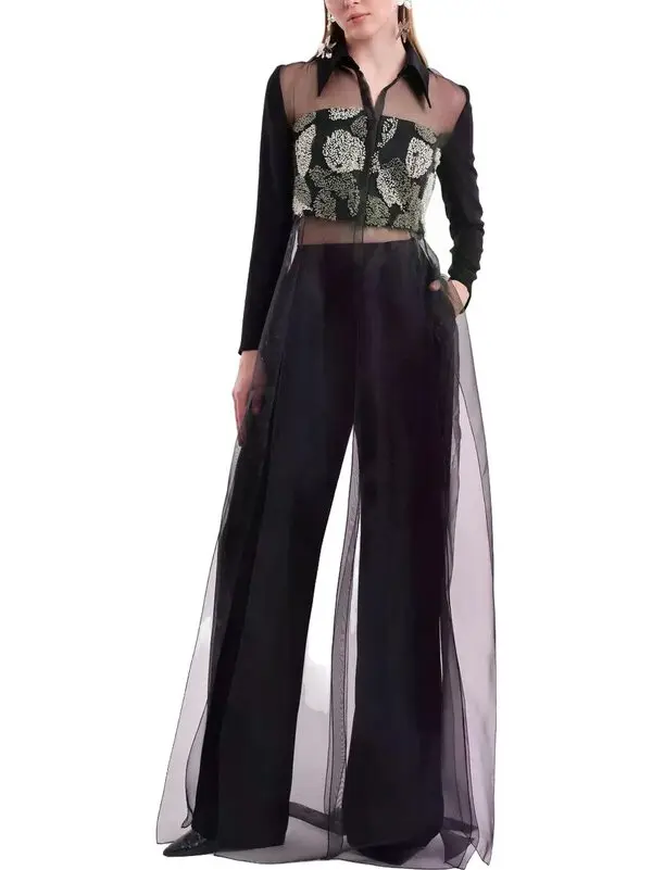 GEMY MAALOUF Beaded-floral Sheer-panel Shirt - Black