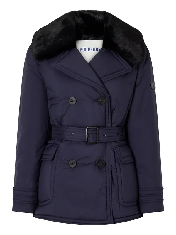 Burberry Double-breasted Belted Padded Plush-trimmed Shell Jacket - Blue