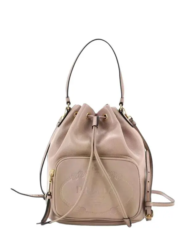 Prada Logo Drawstring Glace Calf Small Bucket Bag - Neutrals