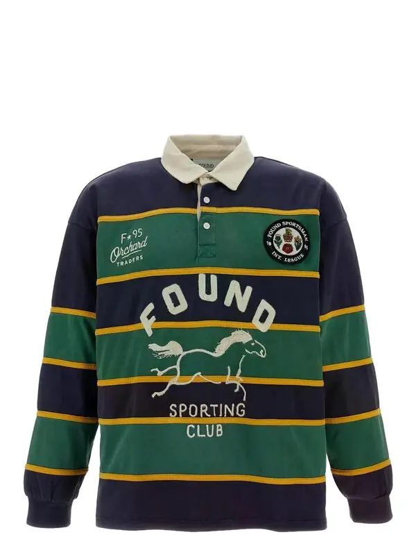 FOUND Striped Embroidered Polo Shirt - Blue