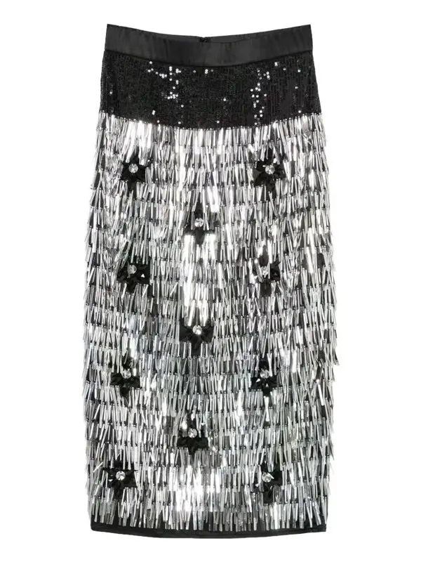 CIRCUS HOTEL Sequin-embellished Fringed Midi Skirt - Silver
