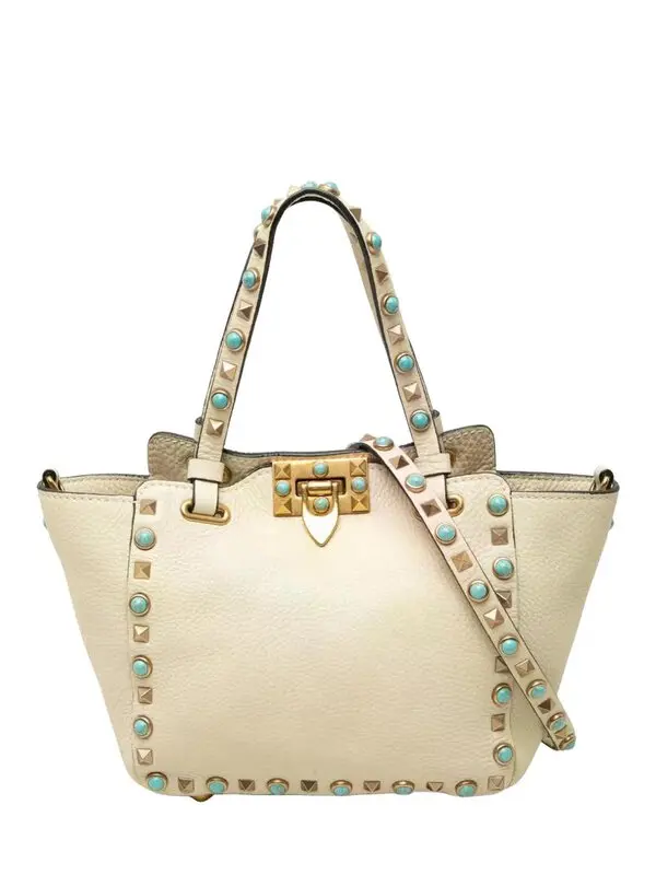 Valentino Garavani 2000-2017 Mini Grained Calfskin Rockstud Rolling Trapeze Satchel - White
