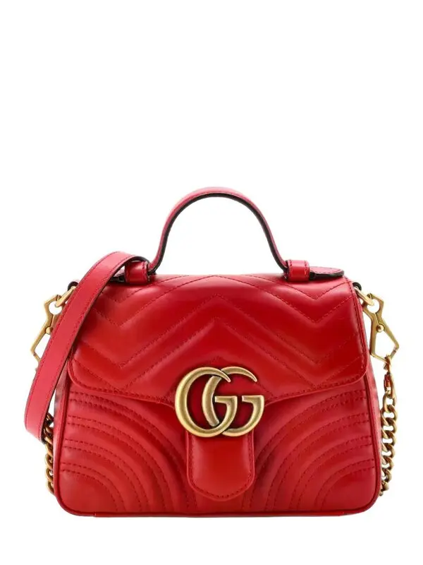 Gucci Gg Marmont Top Handle Flap Bag Matelasse Leather Mini Satchel - Red