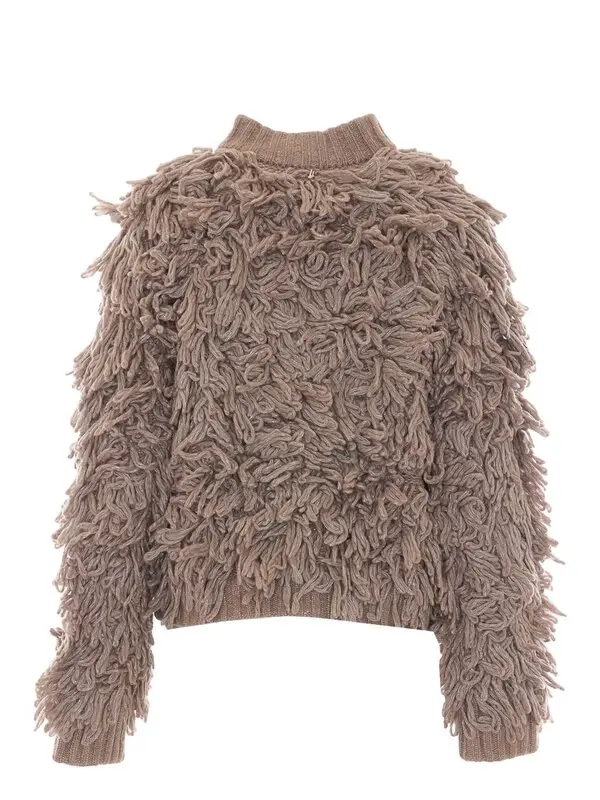 Liu Jo Wool Blend Crewneck Cardigan With Embroidery And Fringe Applications - Beige