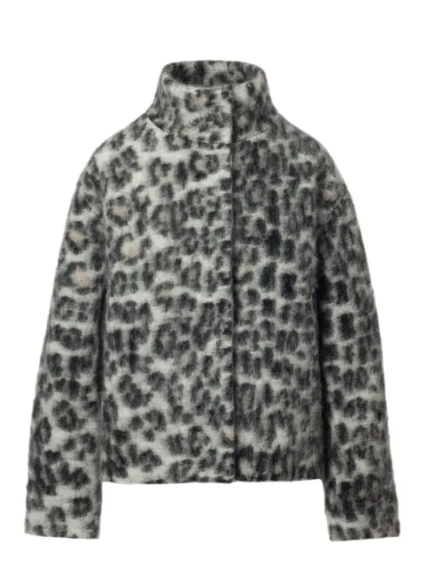 JANA COSHÈ Wool Short Coat In Snow Leopard Pattern – High Collar And Viscose Lining - White