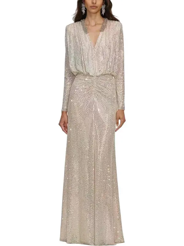 SELF-PORTRAIT Rhinestone-embellished Ruched Maxi Dress - Neutrals