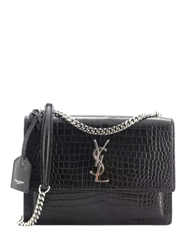 Saint Laurent Sunset Crocodile Embossed Leather Medium Crossbody Bag - Black