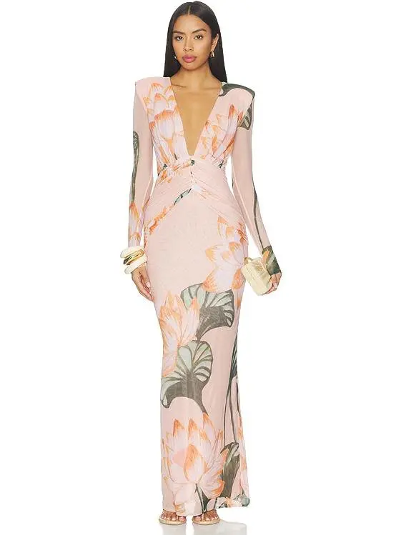 PatBO Lotus Long Sleeve Maxi Dress In . Also - Multi