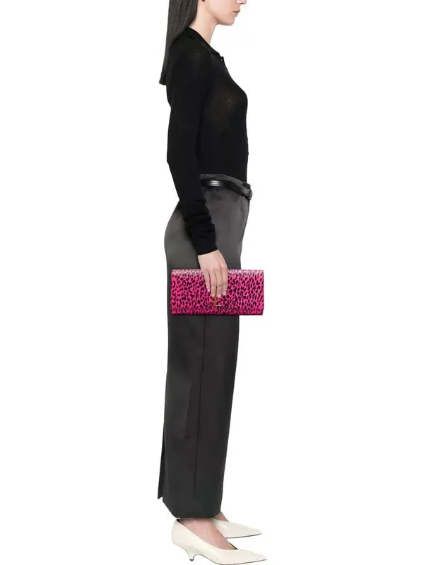 Saint Laurent 2013 Leather Leopard Print Monogram Cassandre Clutch Bag - Pink